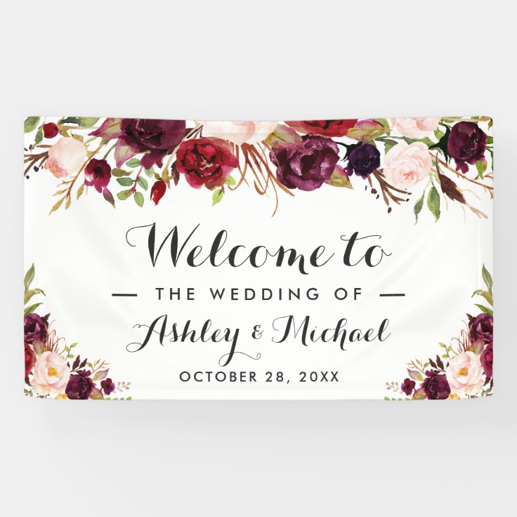 Rustic Burgundy Red Chic Floral Wedding Party Banner | Zazzle