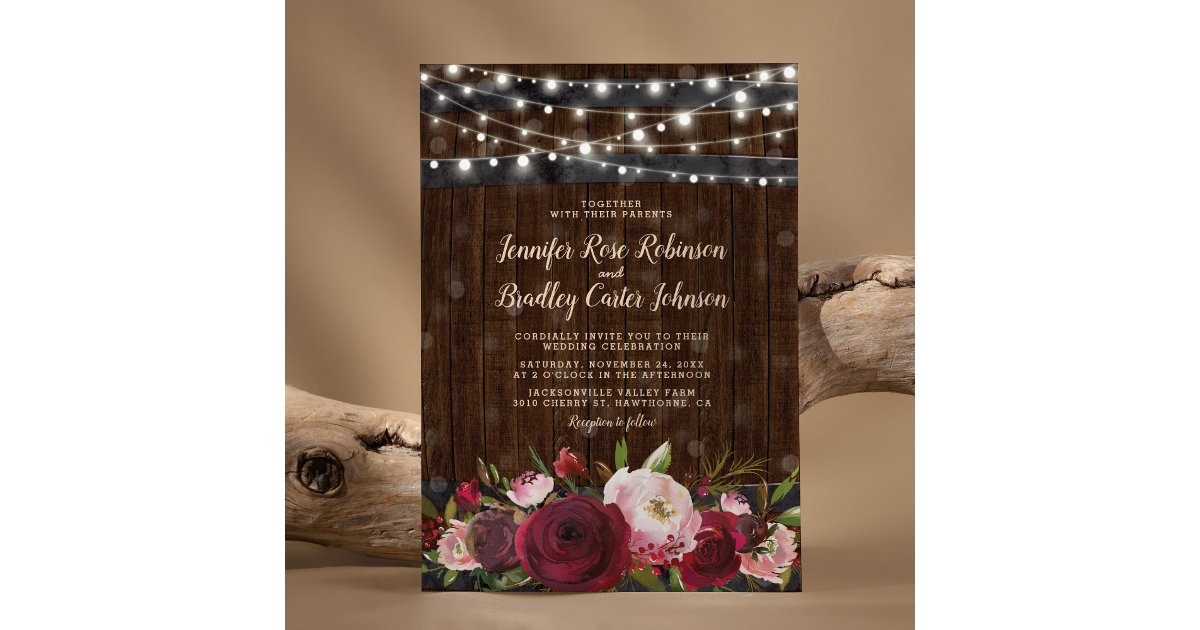 Rustic Burgundy Red Floral Barrel Wedding Invitation | Zazzle