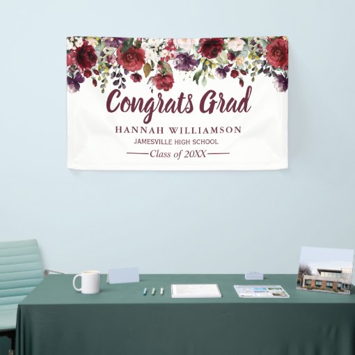 Rustic Burgundy Red Floral Graduation Party Banner | Zazzle