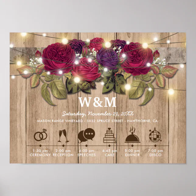 Rustic Burgundy Red Floral Wedding Day Timeline Poster | Zazzle