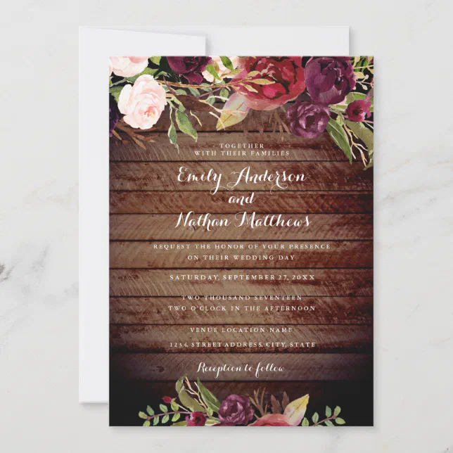 Rustic Burgundy Red Floral Wedding Invitation | Zazzle