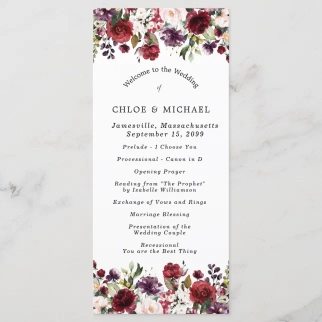 Rustic Burgundy Red Floral Wedding Program | Zazzle