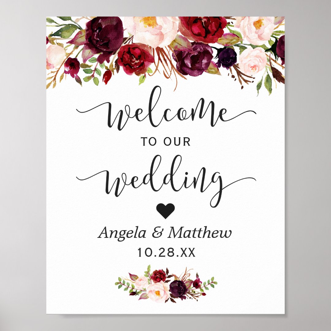 Rustic Burgundy Red Floral Welcome Wedding Sign | Zazzle