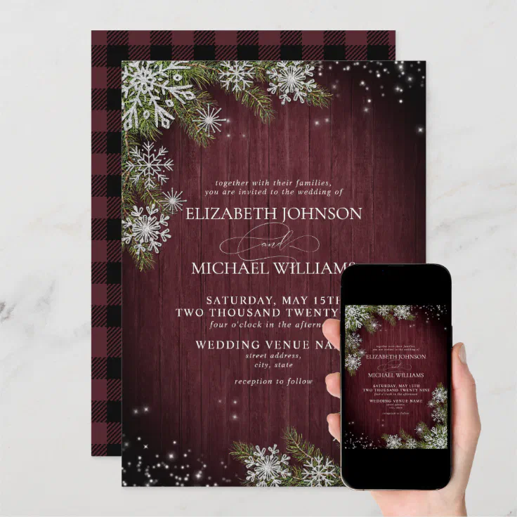 Rustic Burgundy Silver Winter Wood Plaid Wedding Invitation | Zazzle