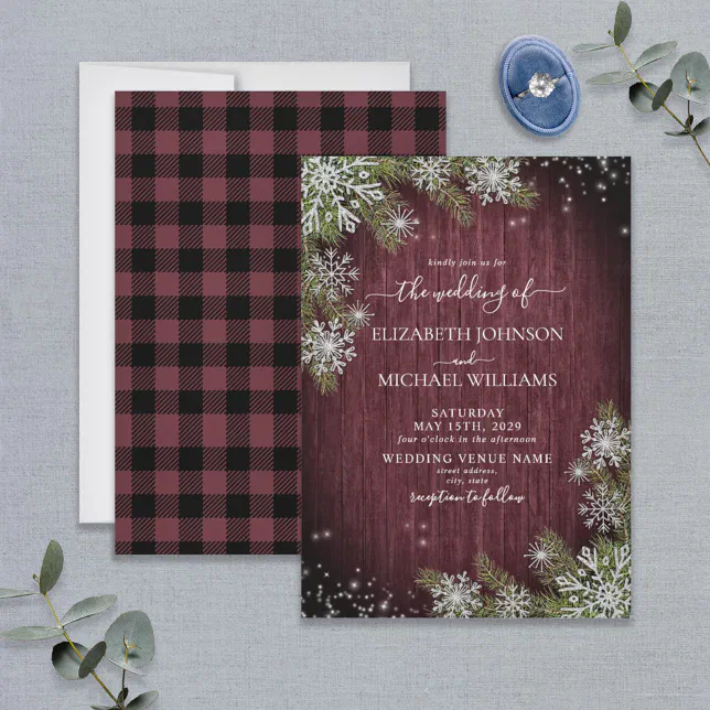 Rustic Burgundy Silver Winter Wood Plaid Wedding Invitation | Zazzle
