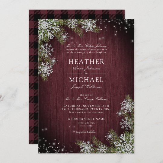 Rustic Burgundy Silver Winter Wood Plaid Wedding Invitation | Zazzle.com
