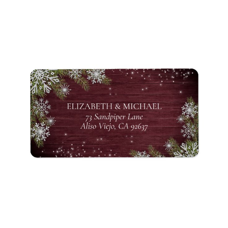 Rustic Burgundy Snowflake Pine Winter Address Label | Zazzle