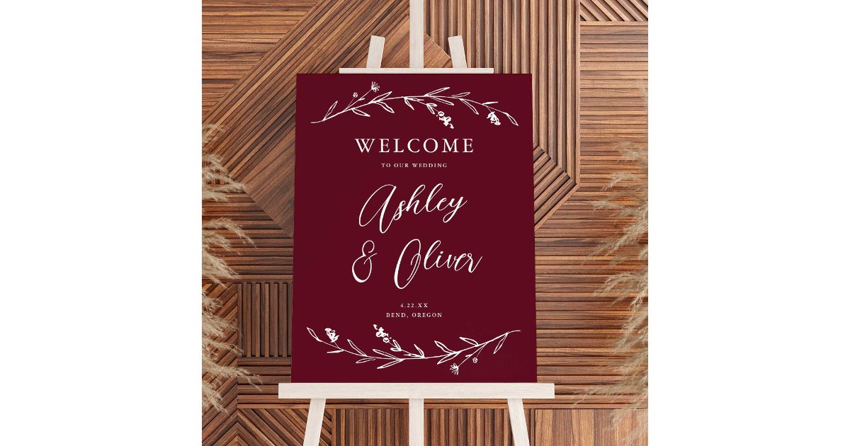 Rustic Burgundy Wildflowers Wedding Welcome Sign | Zazzle
