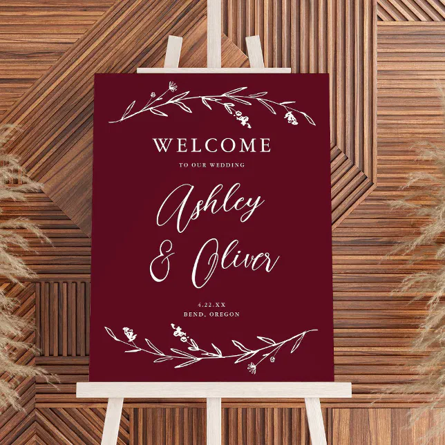 Rustic Burgundy Wildflowers Wedding Welcome Sign | Zazzle