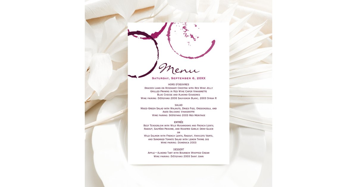 Rustic Burgundy Wine Stain Wedding Menu | Zazzle