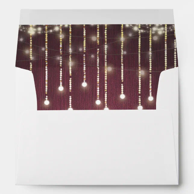 Rustic Burgundy Wood & String Lights Wedding Envelope | Zazzle