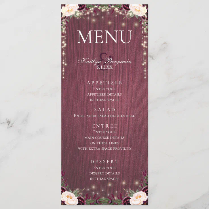 Rustic Burgundy Wood & String Lights Wedding Menu | Zazzle