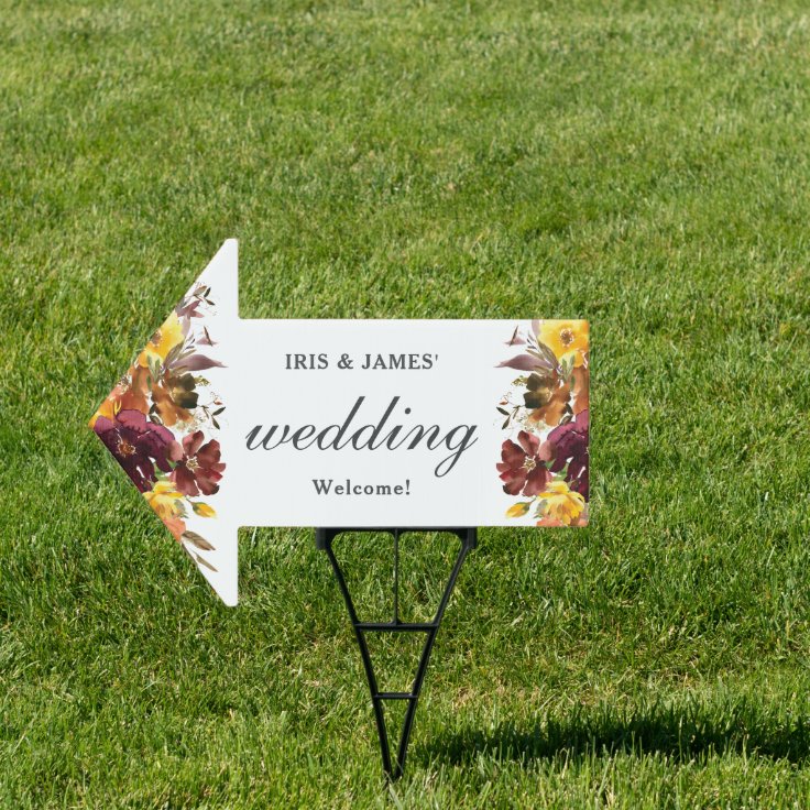 Rustic Burgundy Yellow Floral Wedding Welcome Yard Sign | Zazzle
