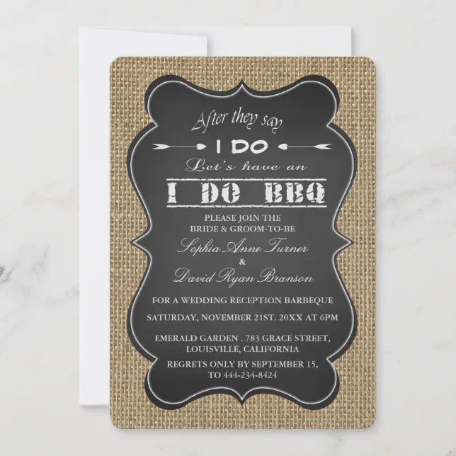 Rustic Burlap and Chalkboard I DO BBQ Custom Invitation | Zazzle