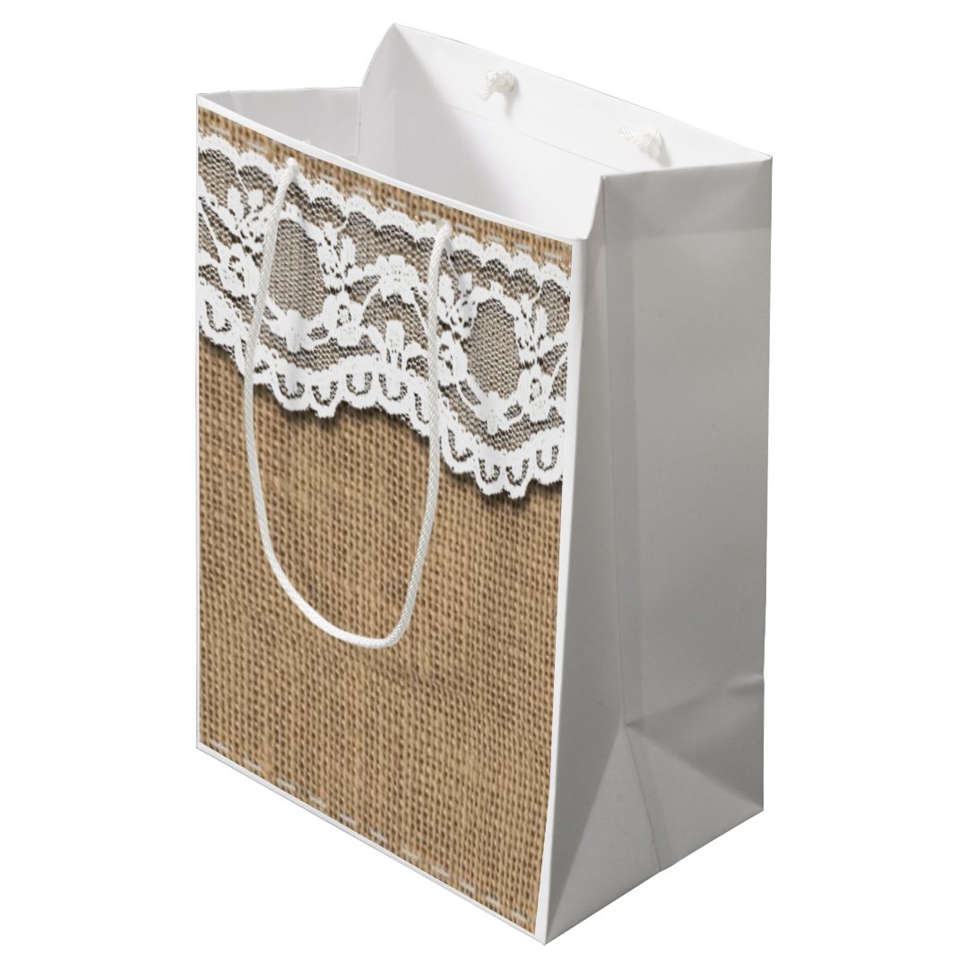 Rustic Burlap and Lace Effect Paper Bag | Zazzle