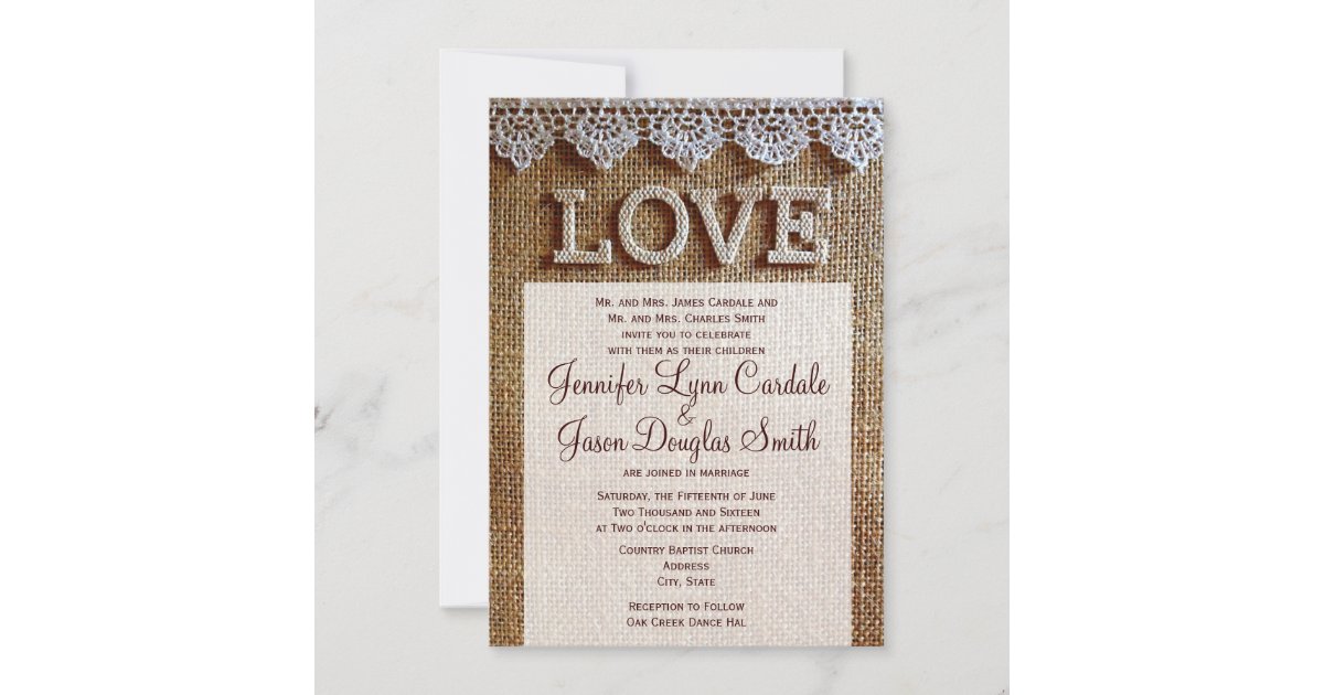 Rustic Burlap and Lace LOVE Wedding Invitations | Zazzle