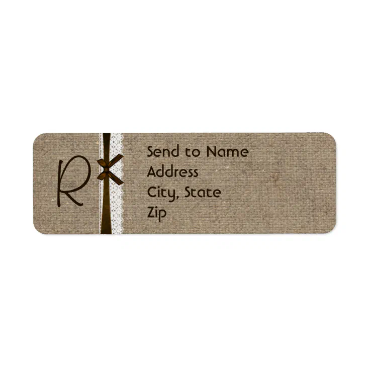 Rustic Burlap and Lace Monogram Address Label | Zazzle
