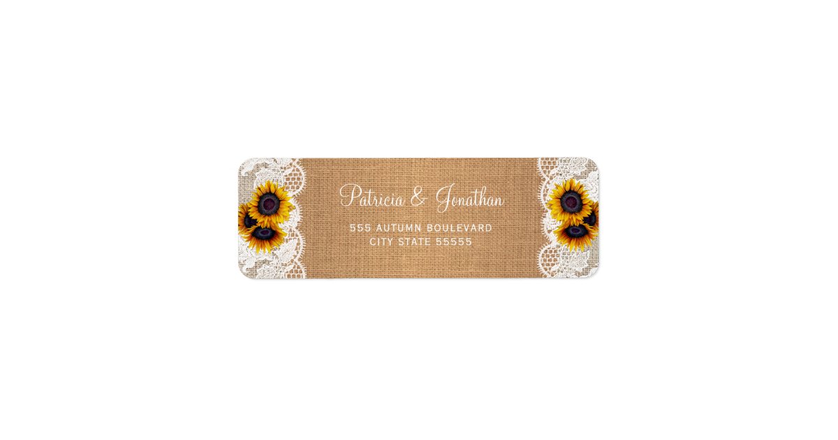 Rustic burlap and lace sunflowers wedding return label | Zazzle