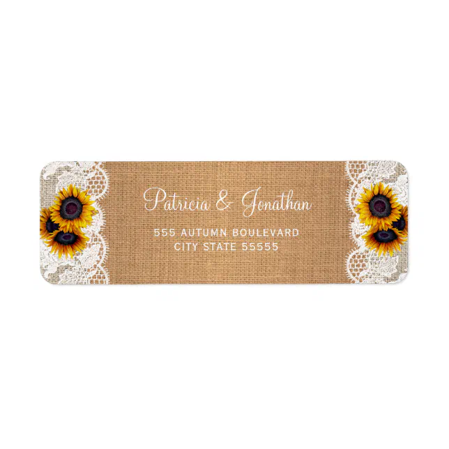 Rustic burlap and lace sunflowers wedding return label | Zazzle