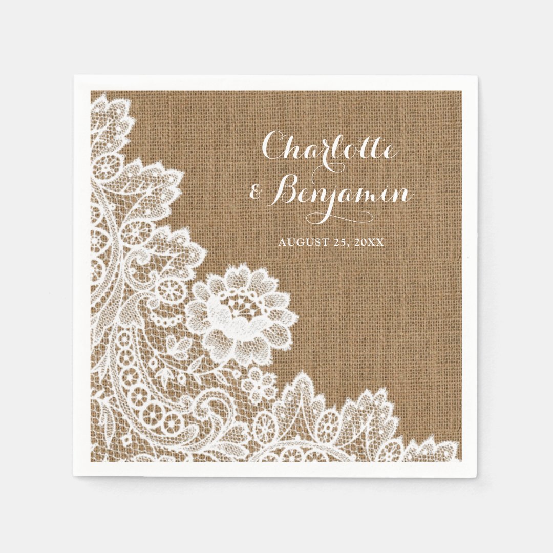 Rustic Burlap and Lace Wedding Napkins | Zazzle