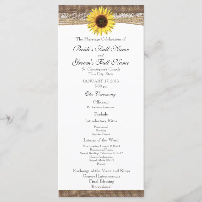 Rustic Burlap and Sunflower Wedding Program | Zazzle