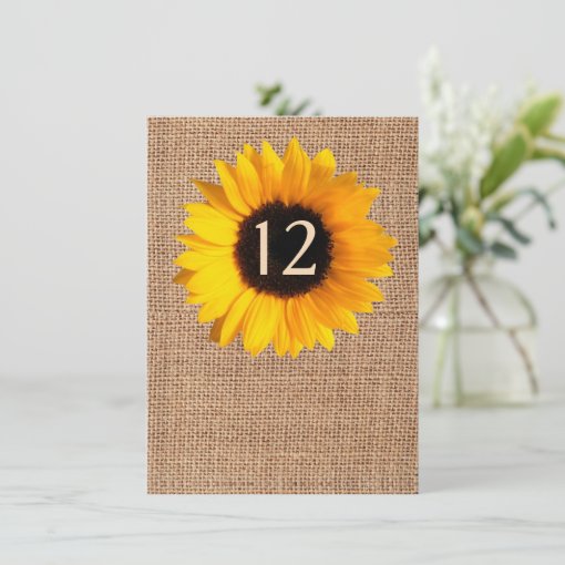 Rustic Burlap and Sunflower Wedding Table Number | Zazzle