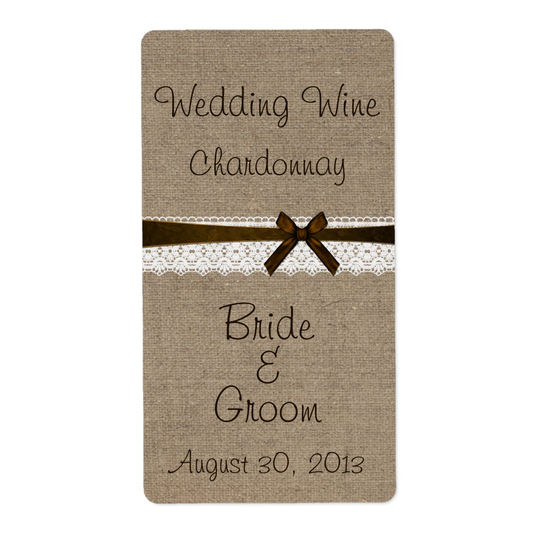 Rustic Burlap and Vintage Lace Wedding Wine Label | Zazzle