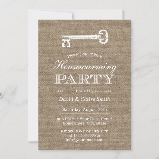 Rustic Burlap Antique Key Housewarming Party Invitation | Zazzle