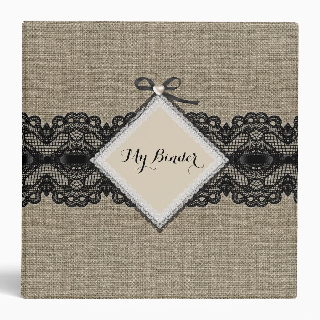 Rustic Burlap Black Lace Country 3 Ring Binder | Zazzle