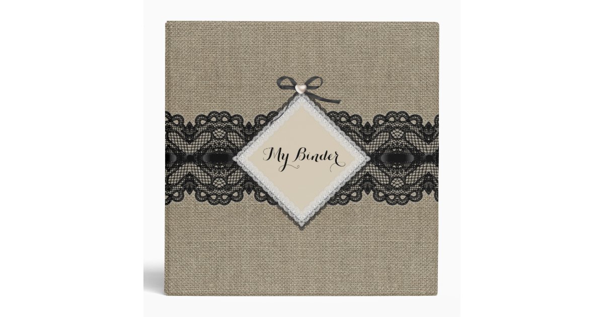 Rustic Burlap Black Lace Country 3 Ring Binder | Zazzle
