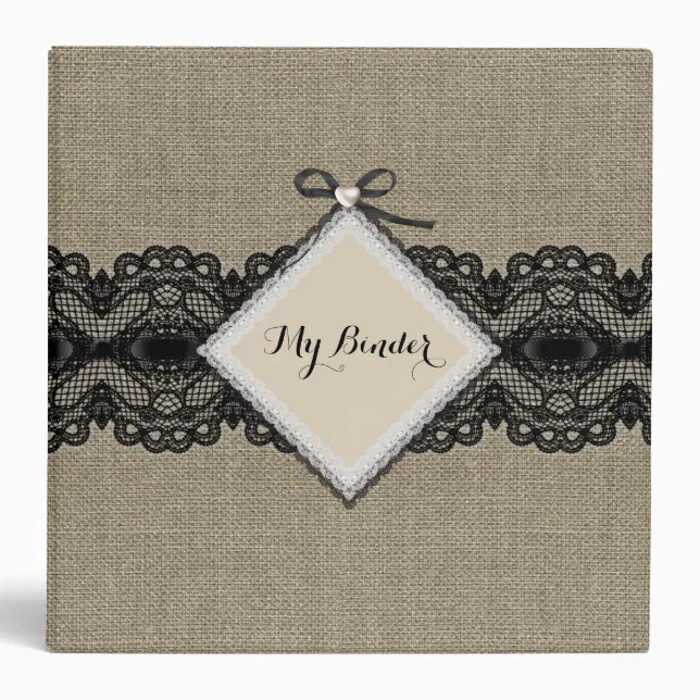 Rustic Burlap Black Lace Country 3 Ring Binder | Zazzle
