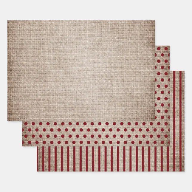 Rustic Burlap Burgundy Polka Dots Stripes Solid Wrapping Paper Sheets ...