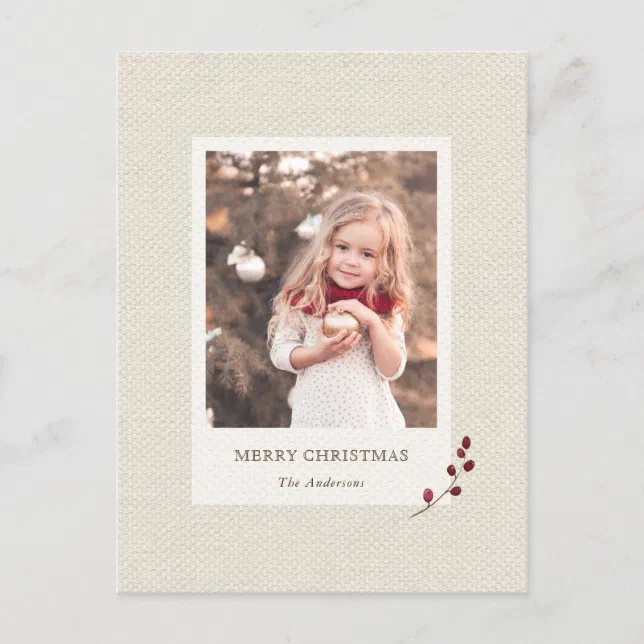 Rustic Burlap Christmas Holiday Photo Postcard | Zazzle