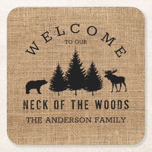 Rustic Burlap Cozy Cabin Welcome Family Name Square Paper Coaster | Zazzle