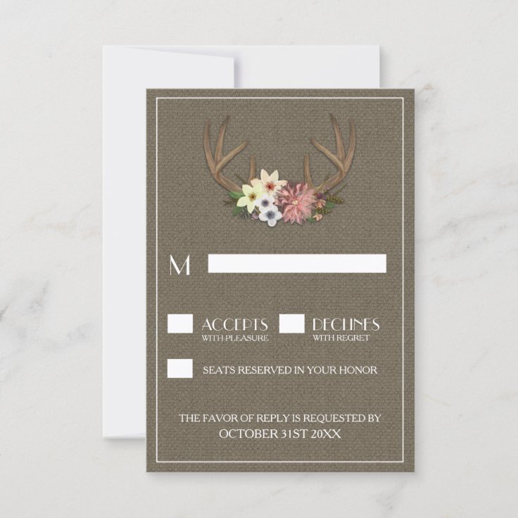 Rustic Burlap Deer Antler Wedding RSVP Cards | Zazzle