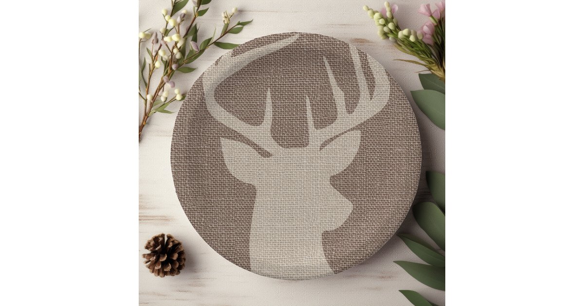 Rustic Burlap Deer Buck | Paper Plates | Zazzle