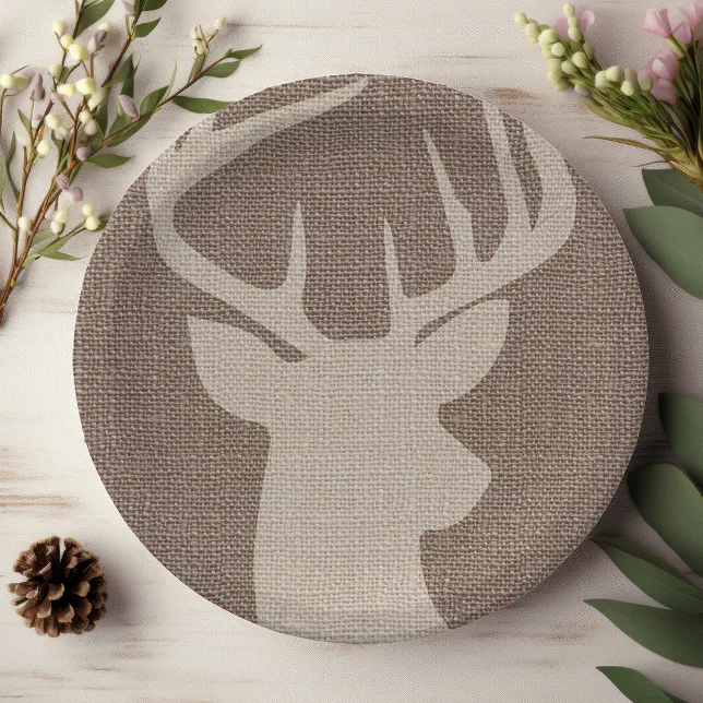 Rustic Burlap Deer Buck | Paper Plates | Zazzle