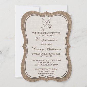 Rustic Burlap Dove Holy Communion Or Confirmation Invitation | Zazzle