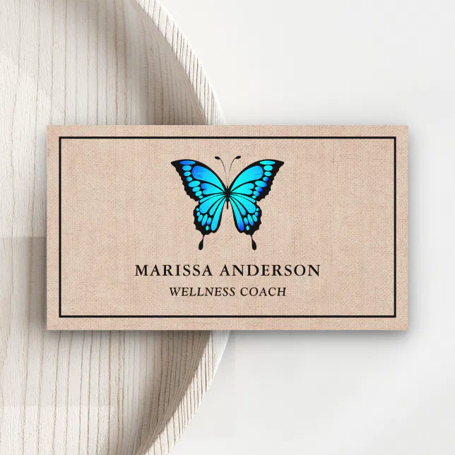 Rustic Burlap Elegant Blue Butterfly Business Card | Zazzle