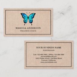 Rustic Burlap Elegant Blue Butterfly Business Card | Zazzle