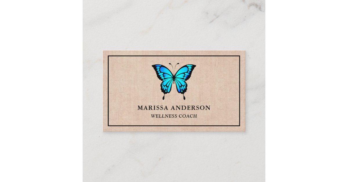 Rustic Burlap Elegant Blue Butterfly Business Card | Zazzle