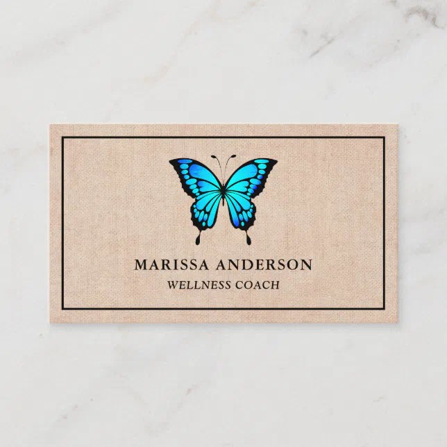 Rustic Burlap Elegant Blue Butterfly Business Card | Zazzle