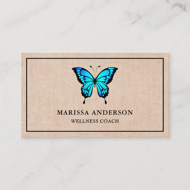 Rustic Burlap Elegant Blue Butterfly Business Card | Zazzle