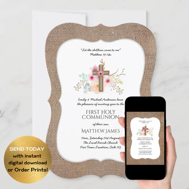 Rustic Burlap First Communion Invites Floral Cross | Zazzle
