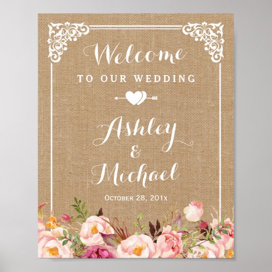 Rustic Burlap Floral Welcome Wedding Sign | Zazzle.com