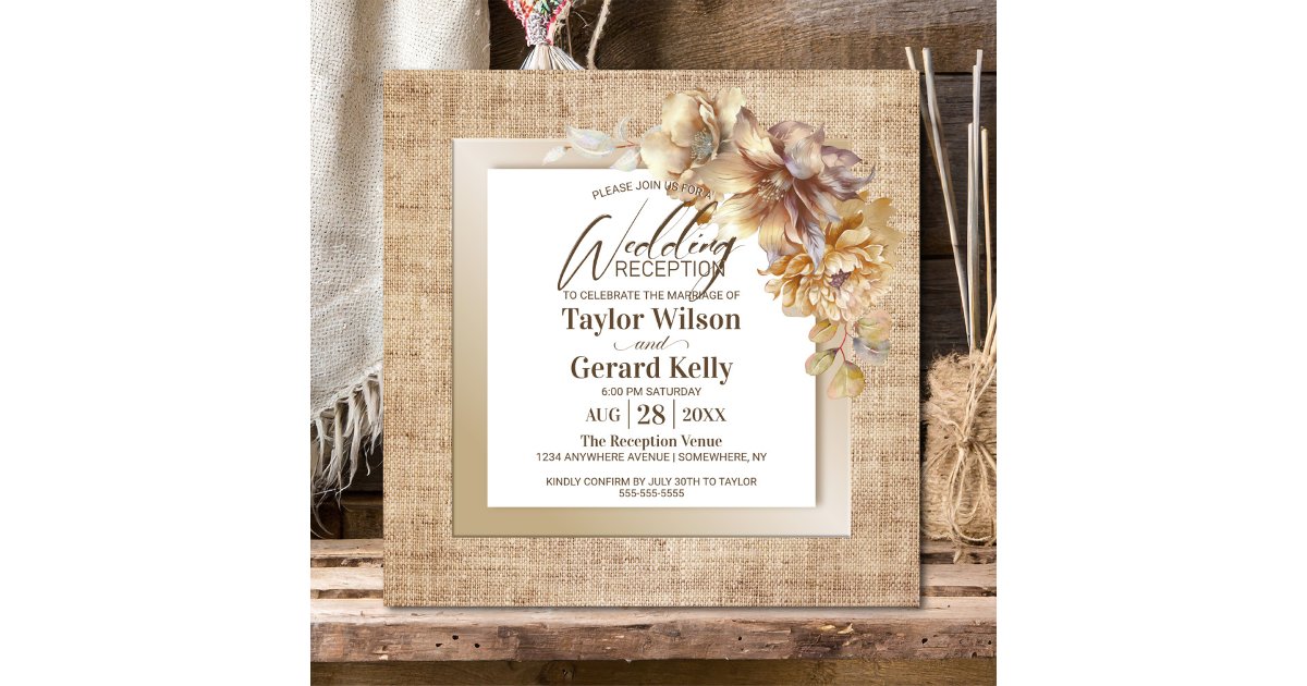 Rustic Burlap Gold Floral Wedding Reception Invitation | Zazzle