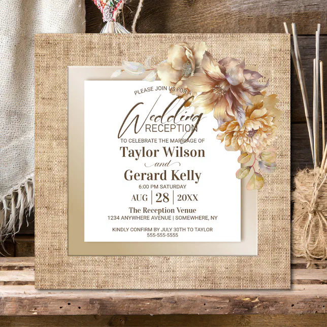 Rustic Burlap Gold Floral Wedding Reception Invitation | Zazzle