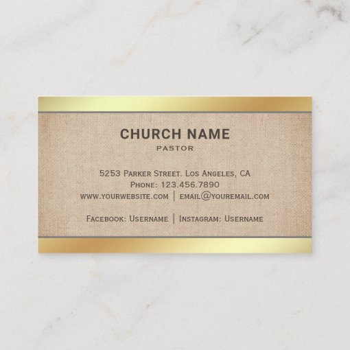 Rustic Burlap Gold Foil Jesus Christ Cross Pastor Business Card | Zazzle