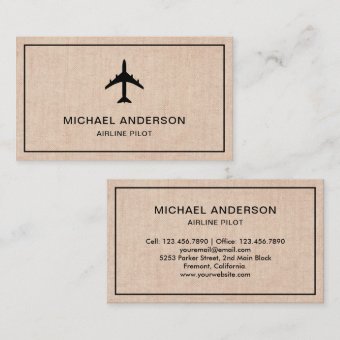 Rustic Burlap Jet Aircraft Airplane Airline Pilot Business Card | Zazzle