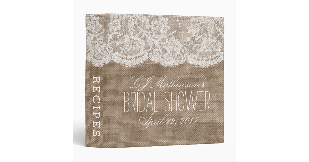 Rustic Burlap & Lace Bridal Shower Recipe 3 Ring Binder | Zazzle